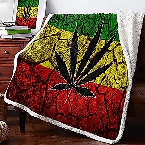Rasta Flag Sherpa Flannel Throw Blankets Thick Reversible Plush Fleece Blanket for Bed Couch Sofa Decor Leaf on Crack Soil Texture,Ultra Soft Comfy Warm Fuzzy TV Blanket 40x50Inch