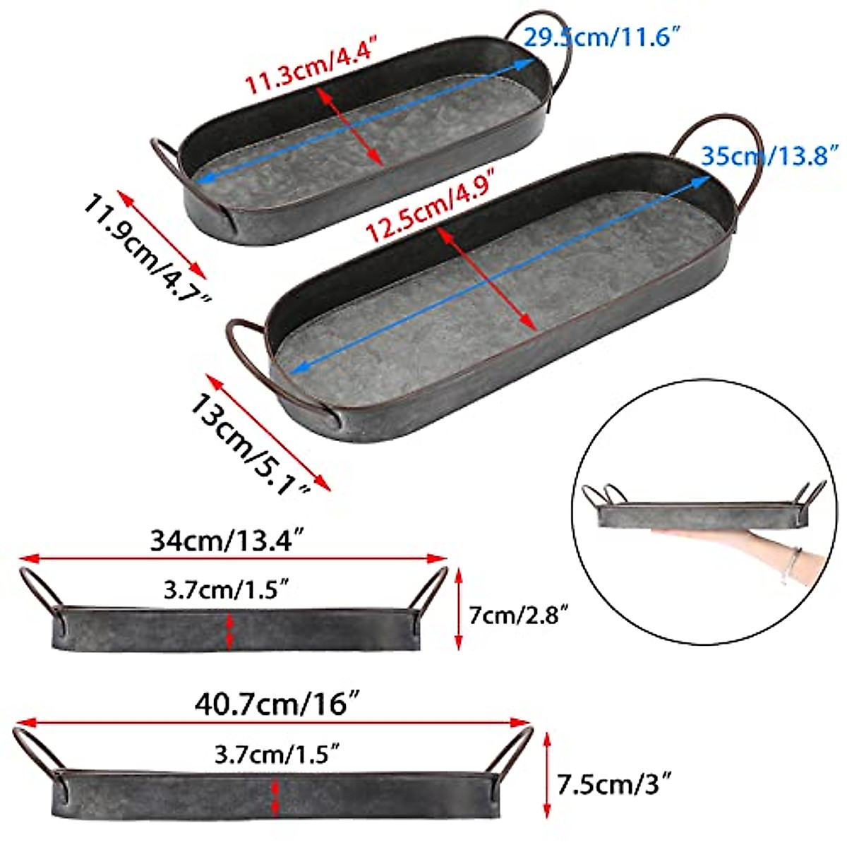 Hipiwe Set of 2 Galvanized Metal Iron Tray with Handles Oval Farmhouse Serving Tray Rustic Industrial Decorative Tray Centerpiece Tray for Coffee Table Weddings Home Decor