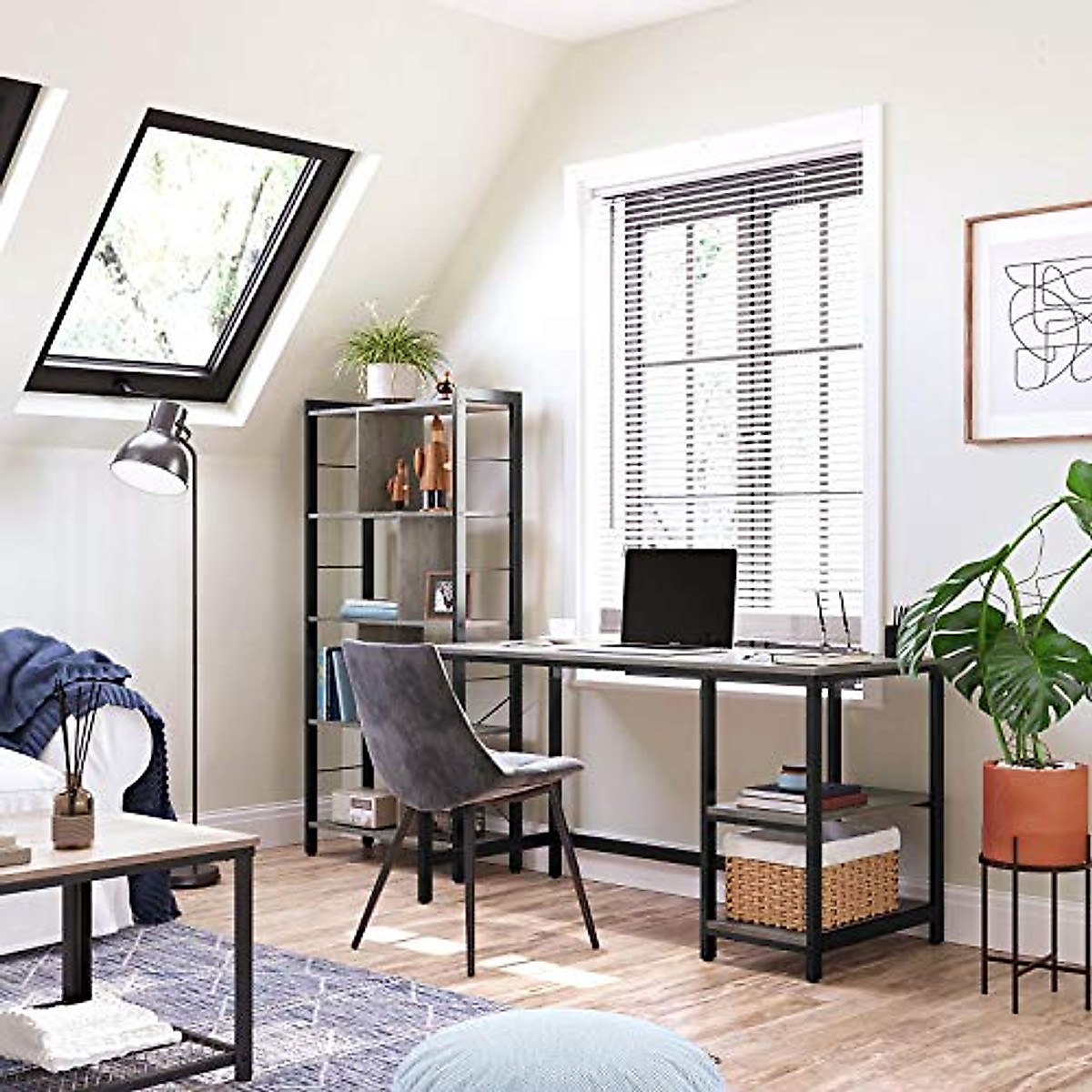 VASAGLE Computer Desk, 55.1-Inch Wide Home Office Desk for Study, Writing Desk with 2 Shelves on Left or Right, Steel Frame, Industrial, Greige and Black ULWD55MB