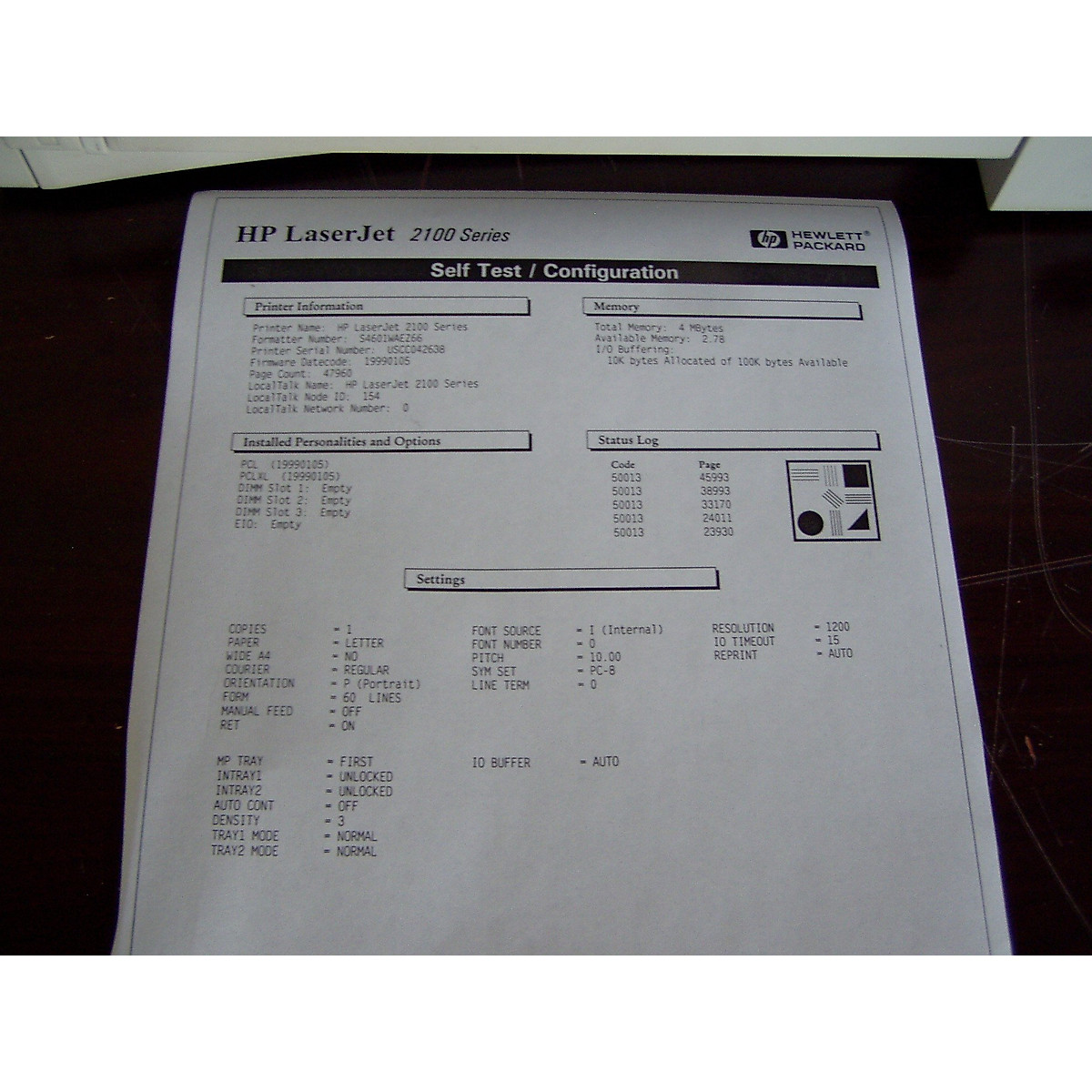 HP Laserjet 2100 Laser Printer W/Test Prints