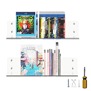 Clear Acrylic Floating Shelves 4 Pack, 15'' Wall Mounted Shelves for Bedroom, Bathroom, Living Room, Gaming Room with Free Tool and Accessories