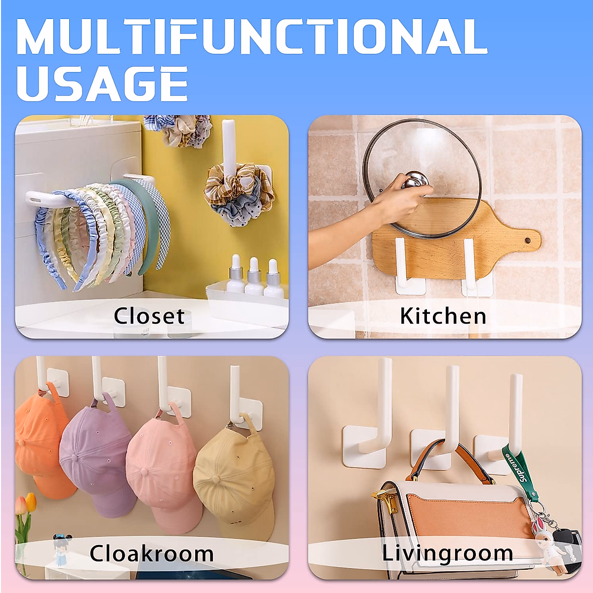 Hat Rack for Wall Organizer (4-Pack), Racks Baseball Caps, Adhesive Hooks Wall, No Drilling Hangers Closet Cowboy Holder Display, Sticky Storage Caps