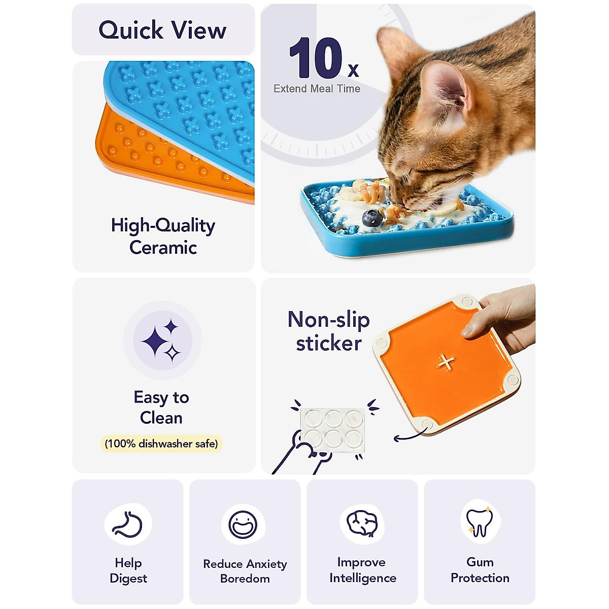 LE TAUCI PET Cat Slow Feeder, 5.5 Inch Lick Mat for Cats and Puppy,Anxiety Relief Licking Mat, Puzzle Feeder for Peanut Butter, Treats, Pet Enrichment Toys, Set of 2, Blue and Orange