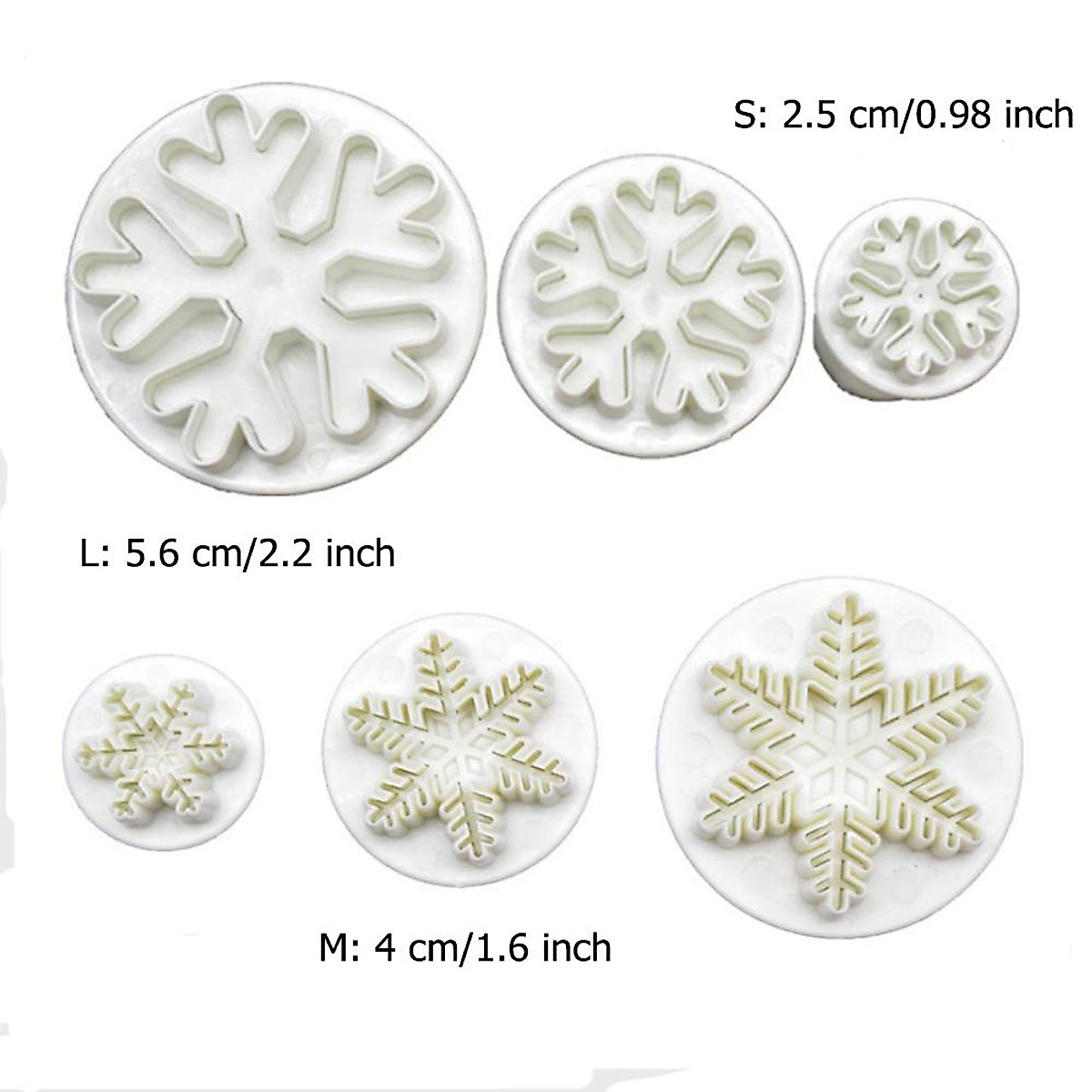 NUOMI 6 Pieces Snowflake Fondant Press Pastry Cutters Plastic Embossing Mould Cake Cookie Decorating Tool Handmade Sugarcraft Baking Supply, White, 6 Different Shapes
