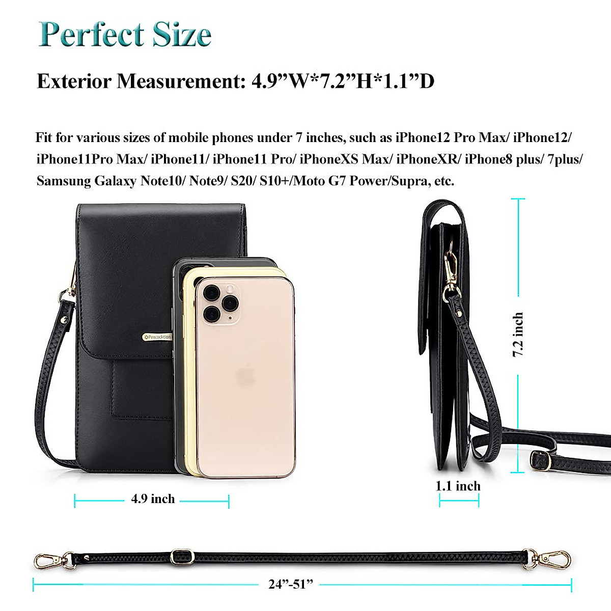 Peacocktion Small Crossbody Cell Phone Purse for Women, Clear Window Touch Screen Wallet Shoulder Bag (Black)