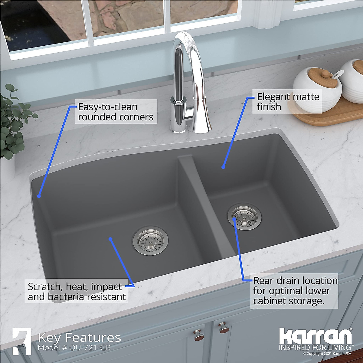 Karran QU-721 Undermount Quartz Composite 33 in. 60/40 Double Bowl Kitchen Sink with Bottom Grids and Strainers in Grey