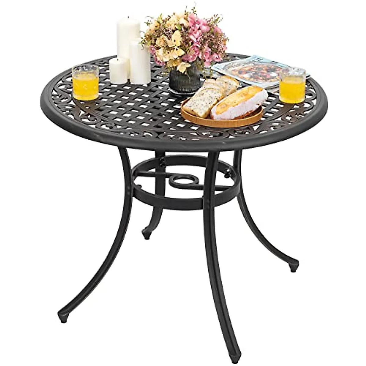 Nuu Garden 36 Inch Patio Dining Table with Umbrella Hole, Outdoor Cast Aluminum Bistro Table, Black with Antique Bronze at The Edge