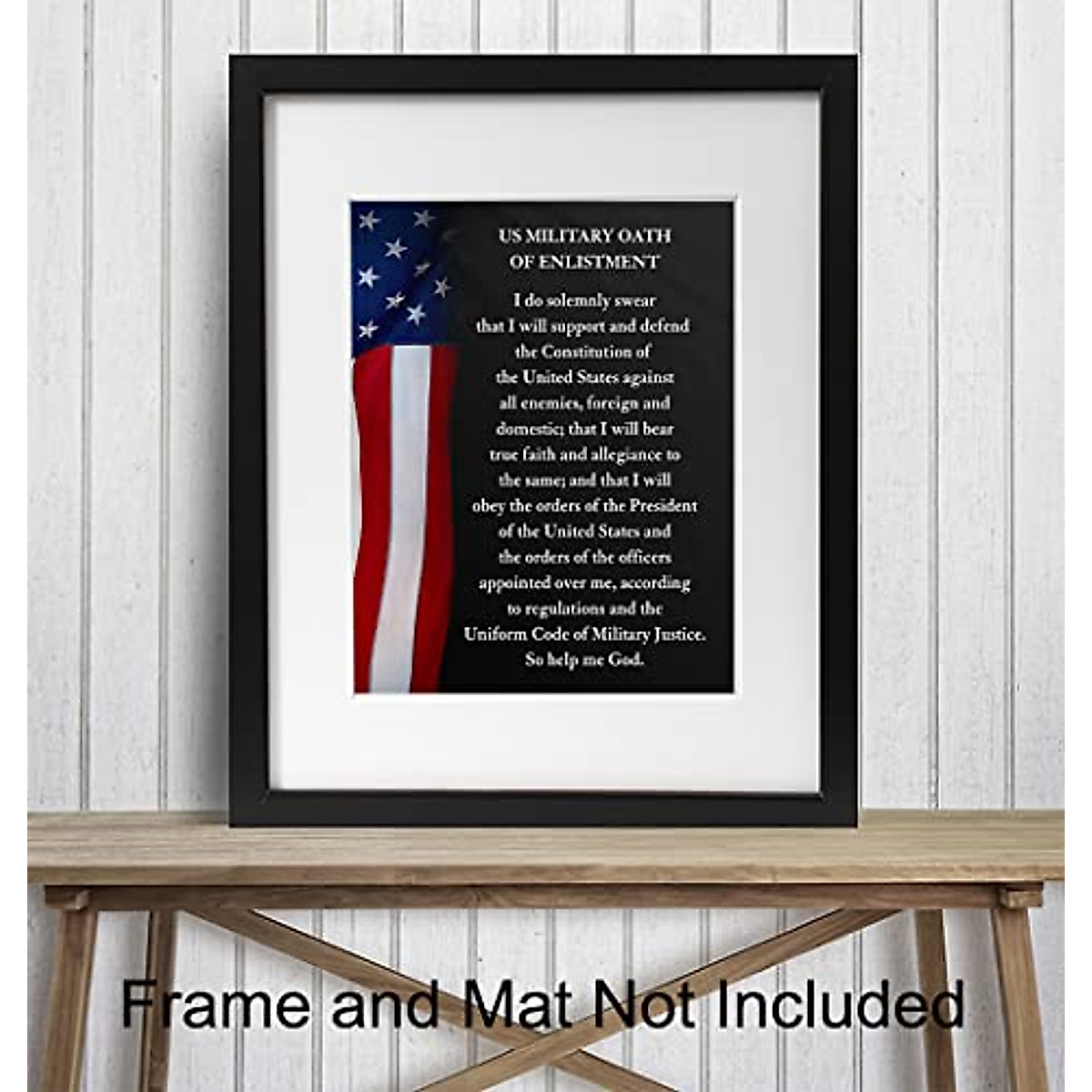 Military Oath of Enlistment - Patriotic American Flag Wall Art Decor, Decoration - Gift for Soldiers, Army, Navy, Air Force, Marines, Coast Guard, Veterans, Vets - Poster Print - 8x10 Photo
