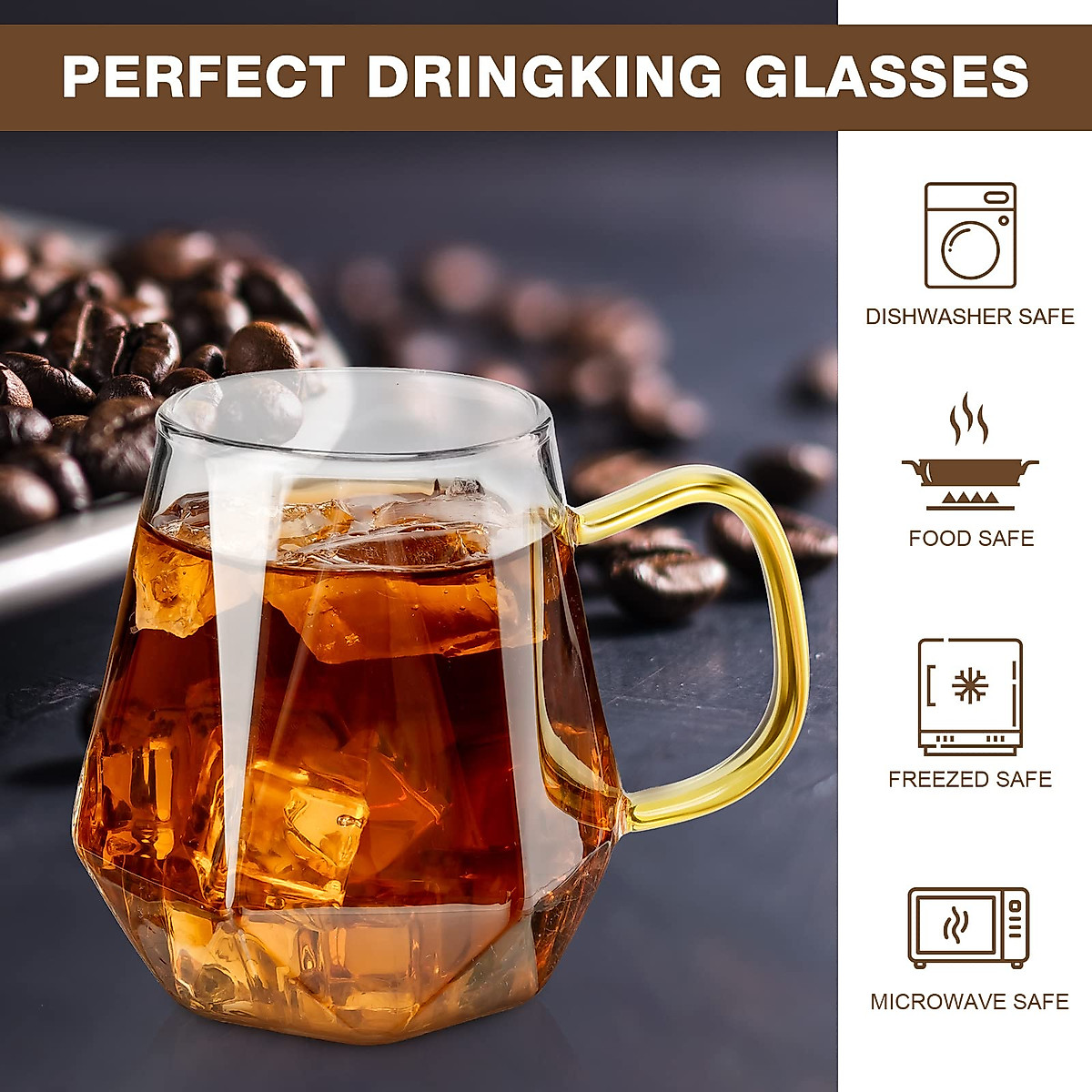 Patelai 4 Pieces Glass Coffee Cups with Handle, 10 oz Glass Clear Coffee Mugs for Hot Espresso Liquor, Microwave Safe Tea Cups Glass Set Gift, Diamond Design(4 Pieces)