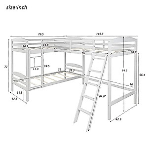 L-Shaped Triple Bunk Bed, Twin Over Twin Corne Bunk Bed Attached a Twin Loft Bed,Triple Bunk for Kids,3 Bed Bunk Beds with Guardrails and Angle Ladder for Boys Girls Teens