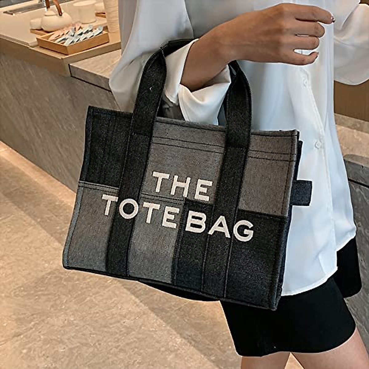 Tote Bag for Women Splicing Denim Handbag Large Capacity Trendy Canvas Crossbody Bags with Zipper Office Travel Black-Large