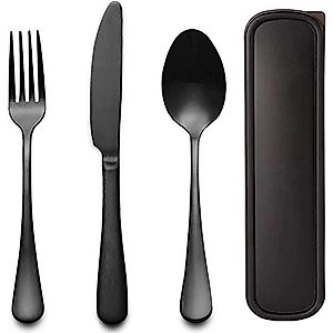 Portable Travel Utensils Set with Case 18/8 Stainless Steel Black Silverware Sets Include Knife Fork and Spoon with Case Reusable Utensil Set for Lunch Box and Camping (Black)