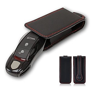 AeroBon Real Leather Key Cover Leather Key Pouch Compatible with Porsche Key Fob (Black)