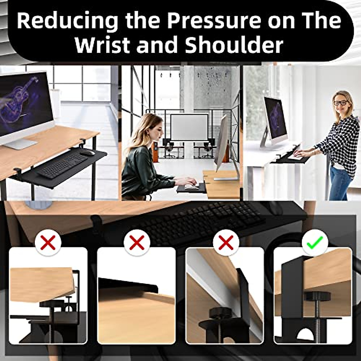 Keyboard Tray Under Desk, Pull Out Desk Extender with Extra Sturdy C Clamp Mount System, 25 (30 Including Clamps) x 9.8 inch Slide-Out Platform Computer Drawer for Home or Office, Black