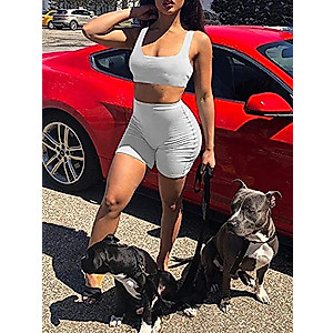 GOBLES Women's Sexy Bodycon Tank Crop Top Shorts Sets Club 2 Piece Outfits White