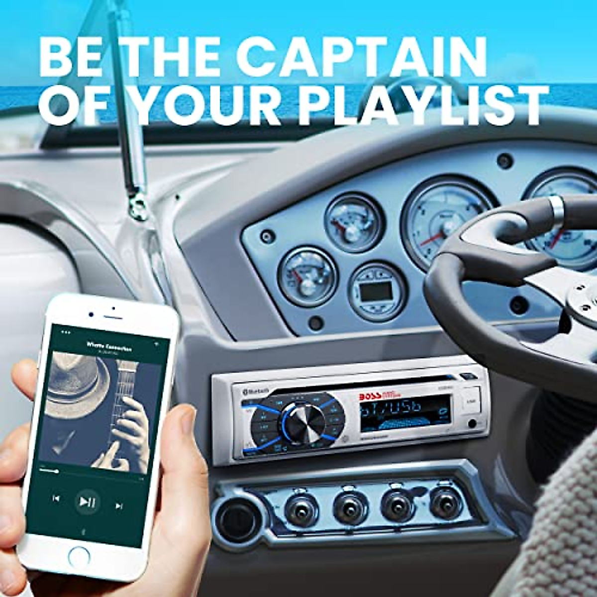 BOSS Audio Systems MCK508WB.64S Marine Boat Stereo Sound System Speaker Package - Single Din Radio Receiver Head Unit, No CD Player, Bluetooth Audio, Two 6.5 Inch Full Range Speakers, Dipole Antenna