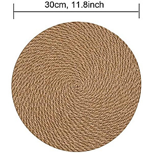 SHACOS Small Round Natural Jute Placemats 12 inch Set of 4 Heat Resistant Place Mats Trivets for Hot Plates Pots Pans Rope Braided Thick Table Mats Potholder Mats (Jute Brown, 12 Inch)