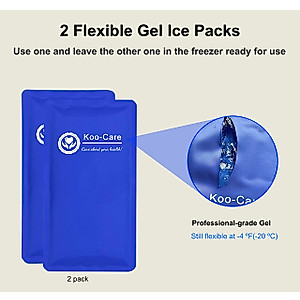 Koo-Care 2 Gel Ice Pack for Injuries Reusable Hot Cold Pack Wrap with Elastic Strap - 11" x 5.9" - Flexible Cold Compress for Head Shoulder Arm Elbow Wrist Back Knee Ankle - Pain Relief for Migraine