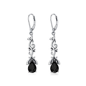 Black Earrings for Women 925 Sterling Silver Vintage Oxidized Branches Dangle Drop Leverback Earrings with Jet Black Crystal, Earrings Gifts for Women