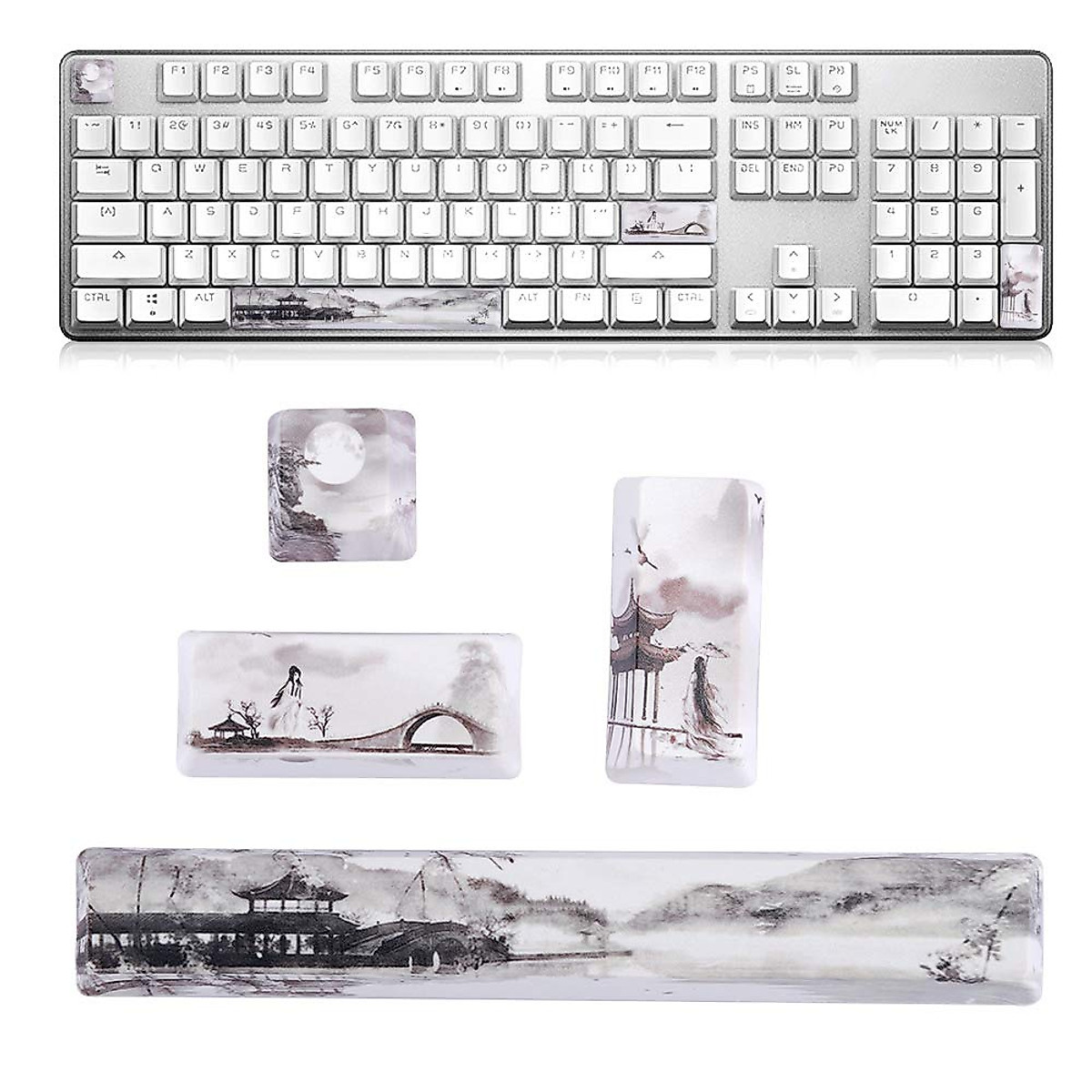Bewinner1 DIY Keycaps, PTB PC Gaming Mechanical Keyboard Space Keycap ESC Keycap Enter Keycap Numpad Enter Keycap, Universal Computer Keyboards Cap Landscape Painting PTB Grey