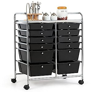 COSTWAY 12-Drawer Rolling Storage Cart, Moveable Art Craft Organizer W/Lockable Wheels, Metal Shelf, Files Arrangement Tools Makeup Storage Cart for Office, Home, School (Black)