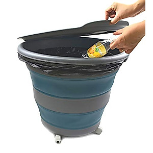 SAMMART 66L(17.4 Gallon) Collapsible Plastic Garbage Bin with Wheels & Removable Lid-Foldable Pop Up Container-Portable Washing Tub-Space Saving Basket,Water Capacity 56L(14.8 Gallon)(Grey/Blue)