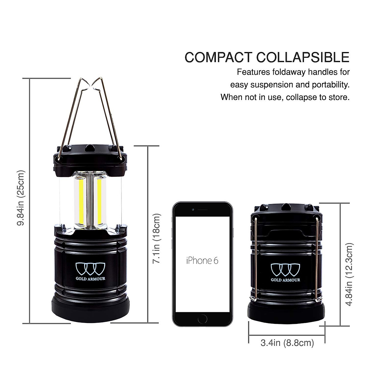 Gold Armour LED Camping Lantern, Battery Powered LED Lanterns, 500 Lumens, Survival Kits for Power Outages, Hurricane, Emergency, Portable Lights Gear, Alkaline Batteries Included (4Pack Black)