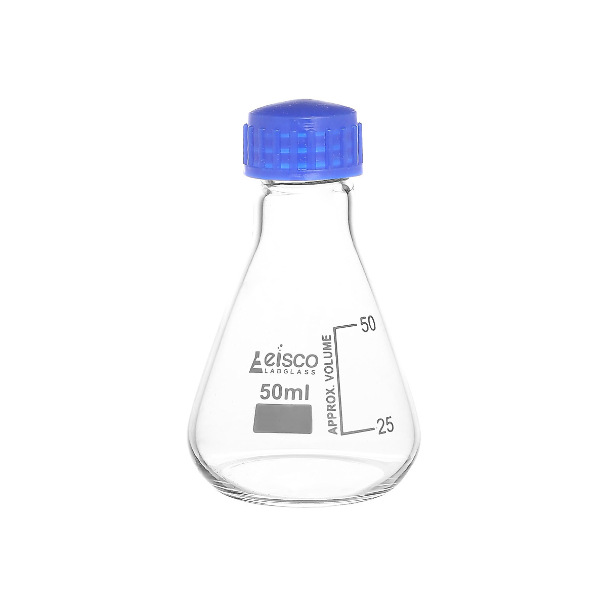 EISCO Erlenmeyer Flask, 50ml - Borosilicate Glass - with PTFE Screw Cap - Conical Shape - White Graduations