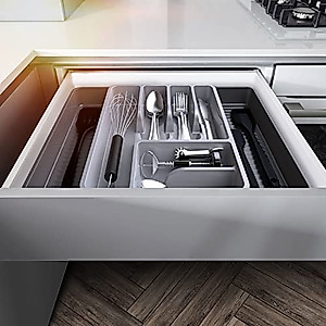 Mueller Large Flatware Kitchen Drawer Organizer, Expandable 19.7" x 15" Silverware Organizer, 6 Compartments, Heavy-Duty, Cutlery Tray for Utensils or Stuff, Dining Room, Living Room, Grey