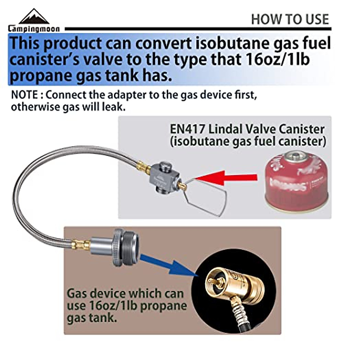 CAMPINGMOON Camping Grill Propane Gas Stove Adapter with Extend Hose(11.8"/30cm), Input: EN417 Lindal Valve Canister, Output: Propane Gas Stove Z29-30