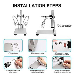 Jiusion Updated with 2 Lamps Aluminum Alloy Universal Adjustable Professional Base Stand Holder Desktop Support Bracket for Max 1.4" in Diameter USB Digital Microscope Endoscope Magnifier Loupe Camera