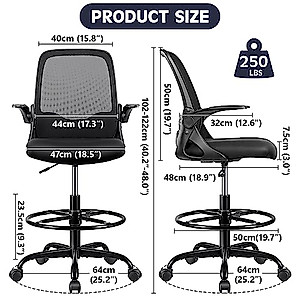 KERDOM Drafting Chair Tall Office Chair Ergonomic Computer Standing Desk Chair Swivel Work Chair with Flip-up Armrests and Adjustable Footrest Ring (933Z Black)