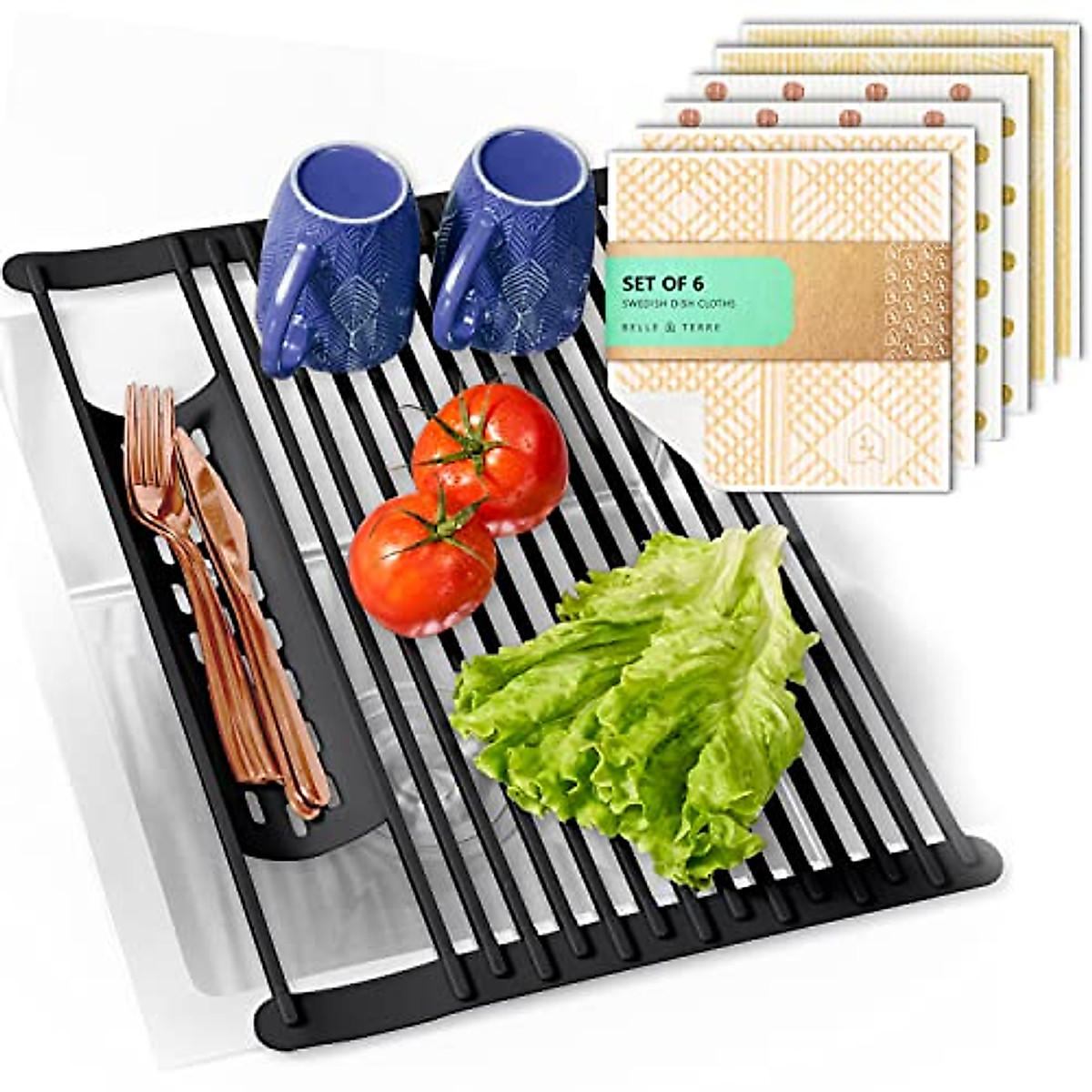 BELLE TERRE Roll-Up Dish Drying Rack & Swedish Dish Cloth Set - Space-Saving Sink Rack (17.5" x 12.8") with Utensil Tray & Reusable Absorbent Cloths - Solid Steel Construction & Cellulose Material