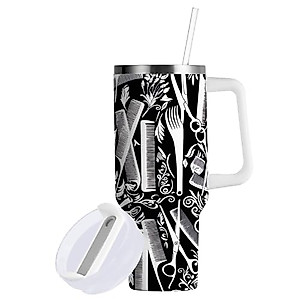 RPLIFE Hairdressing Tools Black 40oz Tumbler with Handle, Stainless Steel Coffee Tumbler, Insulated Water Bottle with Straw