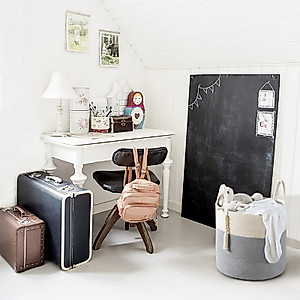 Mkono Woven Storage Basket Decorative Rope Basket Wooden Bead Decoration for Blankets,Toys,Clothes,PlantOrganizer Bin with Handles Living Room Home Decor, Grey and White, 16" W × 13.8"L