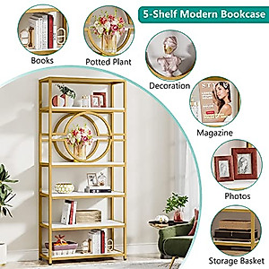 Tribesigns 6-Tier Bookshelf, 74.2" Tall Bookcase Metal Book Shelf, Freestanding Storage Shelves Modern Bookshelf for Home Office Living Room Bedroom (White/Gold, 1PC)