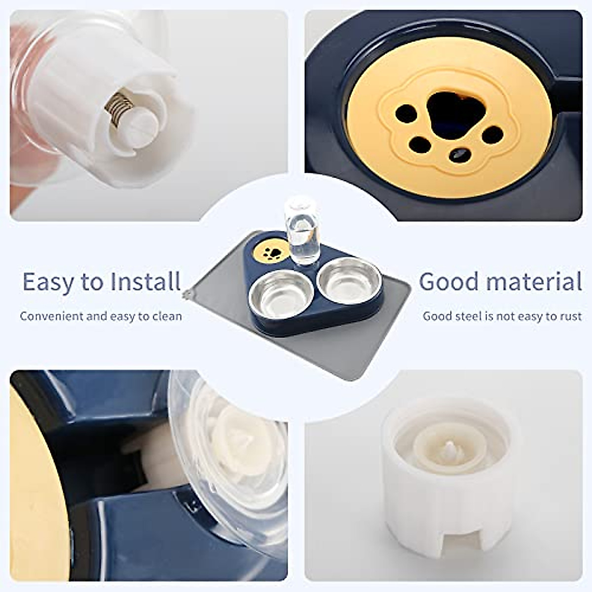 GaoFan Triple Dog Cat Bowls Set, Two Detachable Stainless Steel Bowls, with Automatic Water Dispenser Plus No Spill Non Skid Waterproof Silicon Mat for Small Medium Size Dog Cat