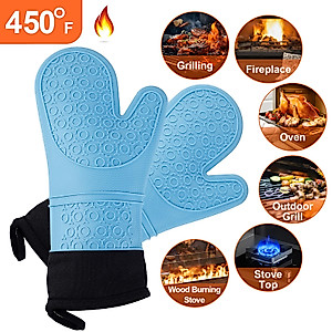 Obsoorth Heat Resistant Silicone Oven Mitts Waterproof Flexible Handle Hot Food Washable Blue Extra Long Anti-Slip Kitchen Glove for Baking Cooking BBQ, 1Pair