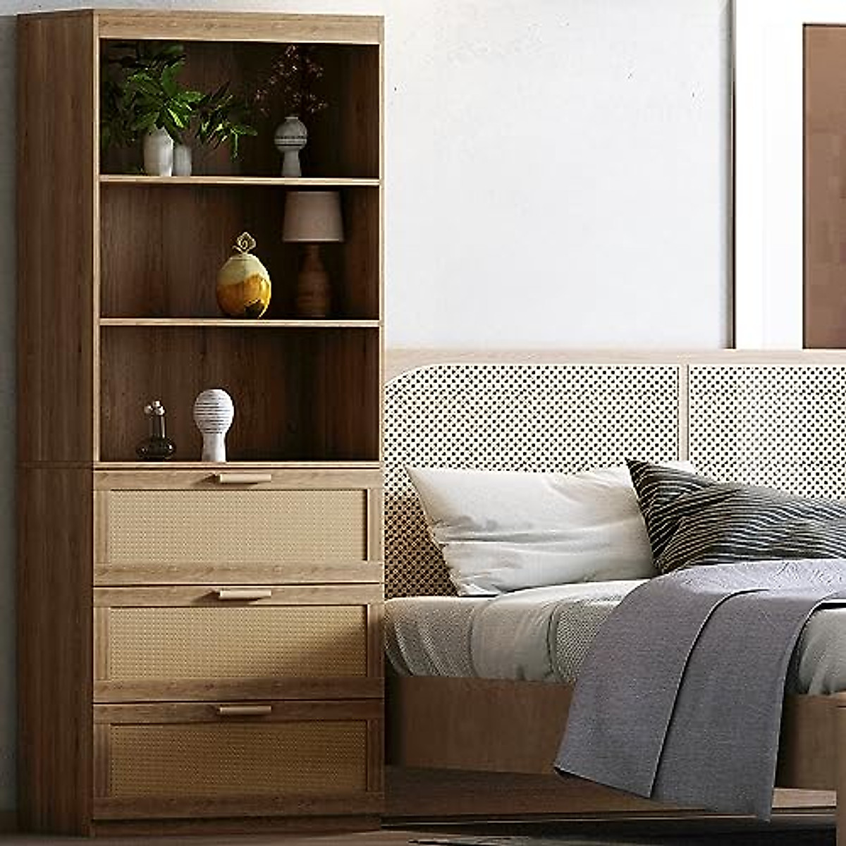 Flulep 71 Inches Tall Storage Cabinet, Rattan Bookcase with 3 Drawers and 3-Tier Open Shelves, Wooden Bookshelf Storage Organizer for Living Room, Study, Kitchen, Home Office