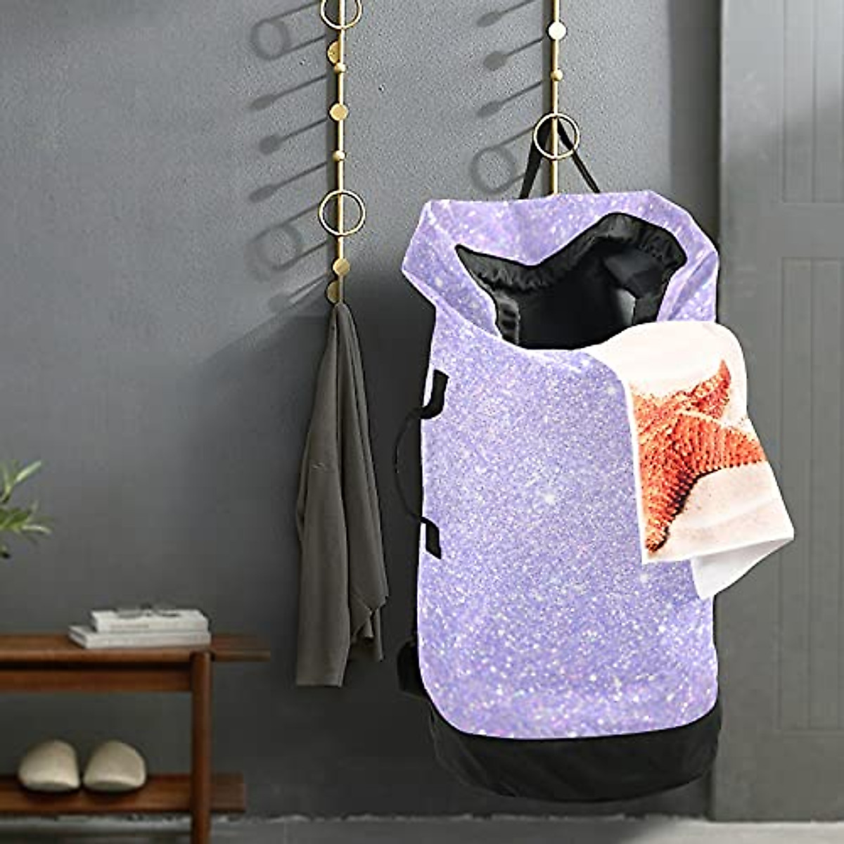 xigua Shiny Glitter Lavender Laundry Backpack Bag, Extra Large Laundry Bag with Straps, Portable Backpack Laundry Bag for College Dorm, Apartment, Laundromat