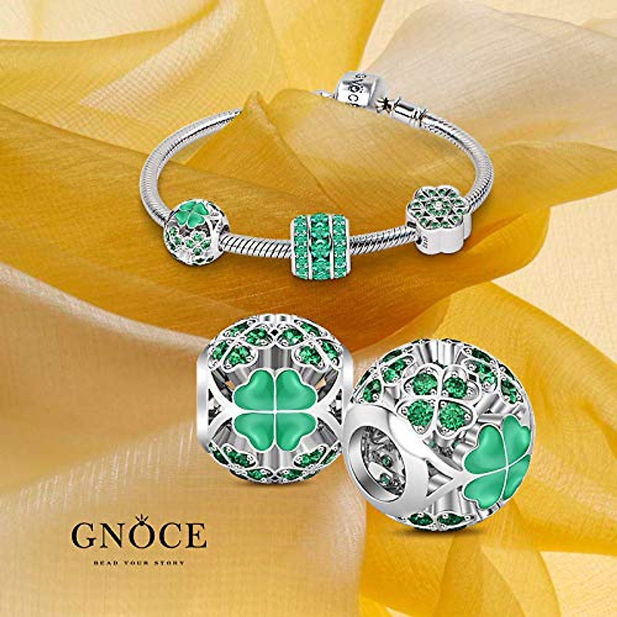 GNOCE ST Saint Patricks Day Gift Lucky Four Leafs Charms for Bracelets Sterling Silver Gift For My Goddess Bead Charms With Green Cubic Zirconia Charm Bead Fit All Bracelet Necklace