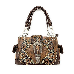 Premium Western Rhinestone Concealed Carry Buckle Floral Womens Shoulder Handbag Purse in Multi Color (Brown)