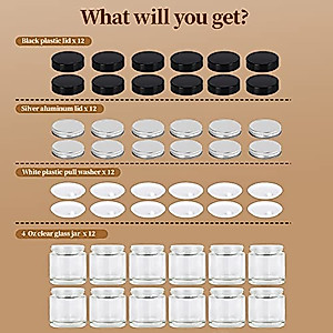4oz Glass Jars (12 Pack), Empty Cosmetic Containers with Inner Liners and 12 black Lids & 12 Silver Lids for Slime, Beauty Products, Cosmetic, Lotion, Ointments and DIY