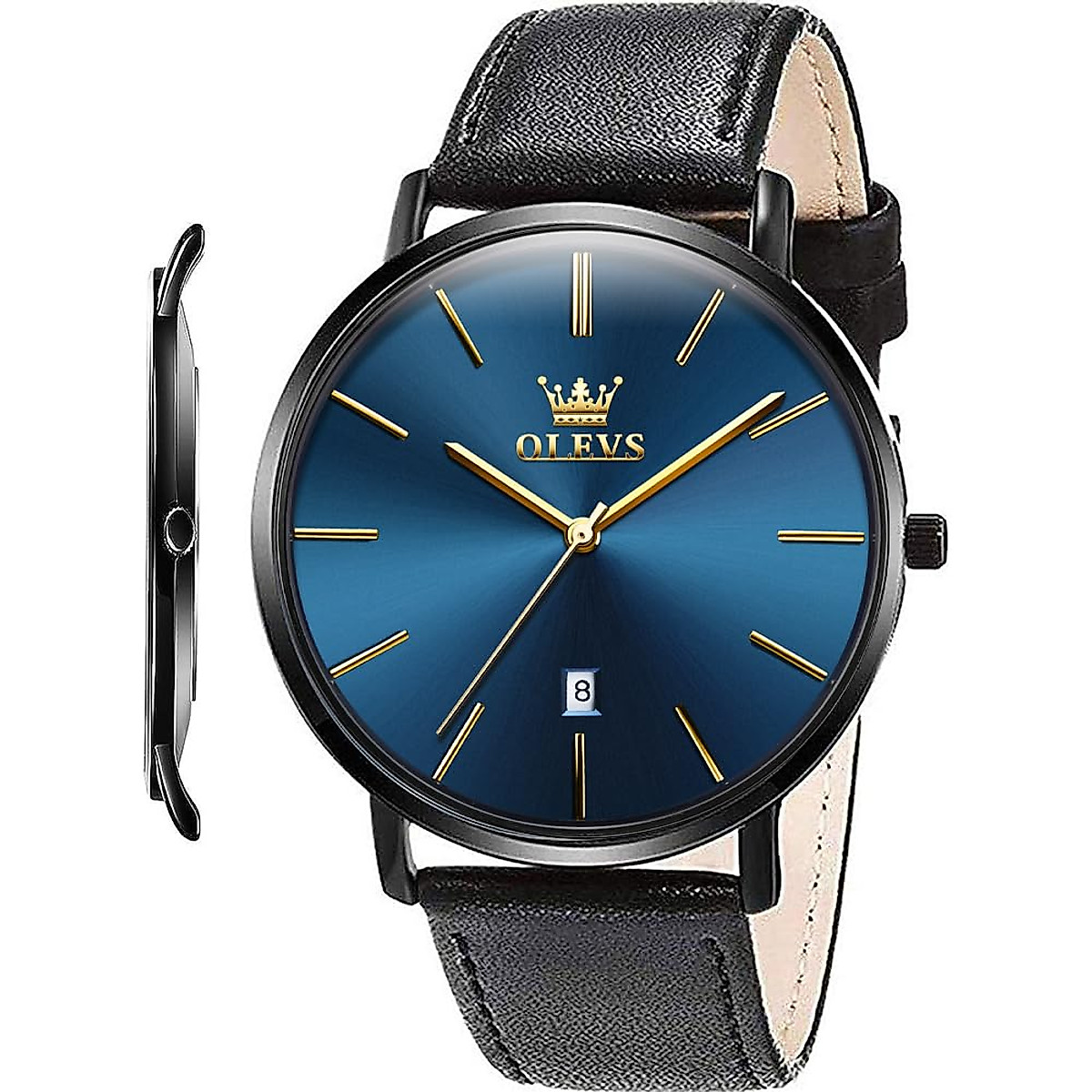 OLEVS Men's Ultra Thin Slim Big Face Date Leather Analog Wrist Watches Waterproof for Male Teen Boys Gift Classic Casual Minimalist Blue Large Dial Rose Gold Quartz Watch with Retro Genuine Band Black