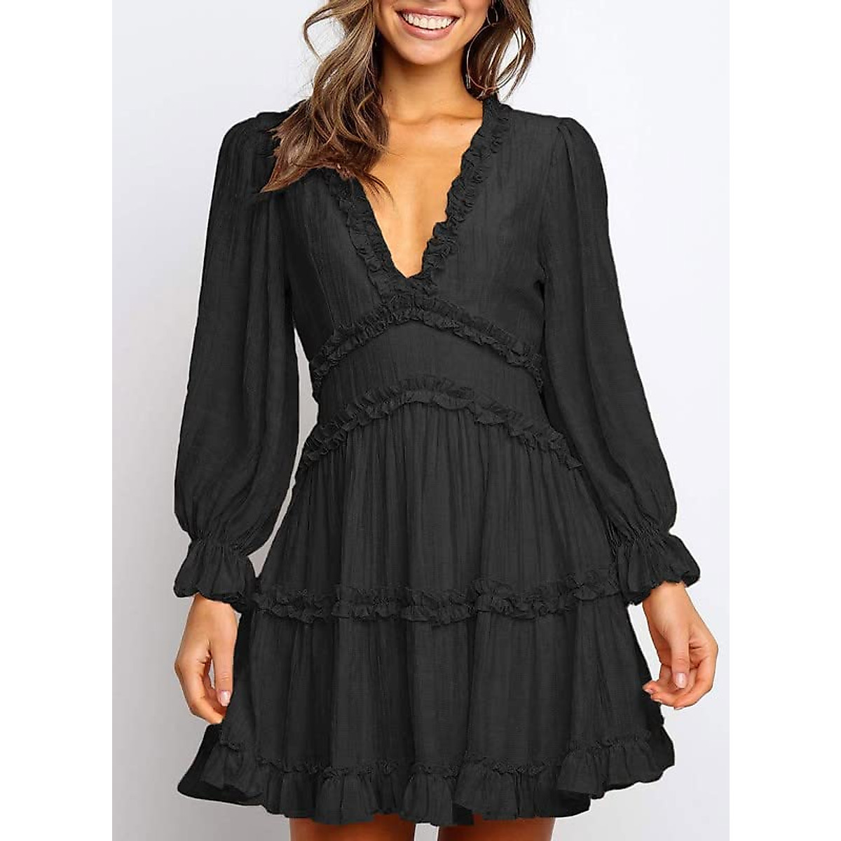 Dokotoo Womens Cute Spring Summer Casual Sexy Deep V Neck Ruffle Chiffon Lantern Long Sleeve Elegant Boho Hawaiian Flowy Mini Short Skirt Dresses for Women Party 2023 Black Small