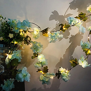 Artificial Cherry Blossoms String Lights Hanging Hydrangea Vines Plant Garland Silk Flower Fairy Light Battery Powered for Home Garden Wedding Party Decor (Blue, 2m/20 Led)