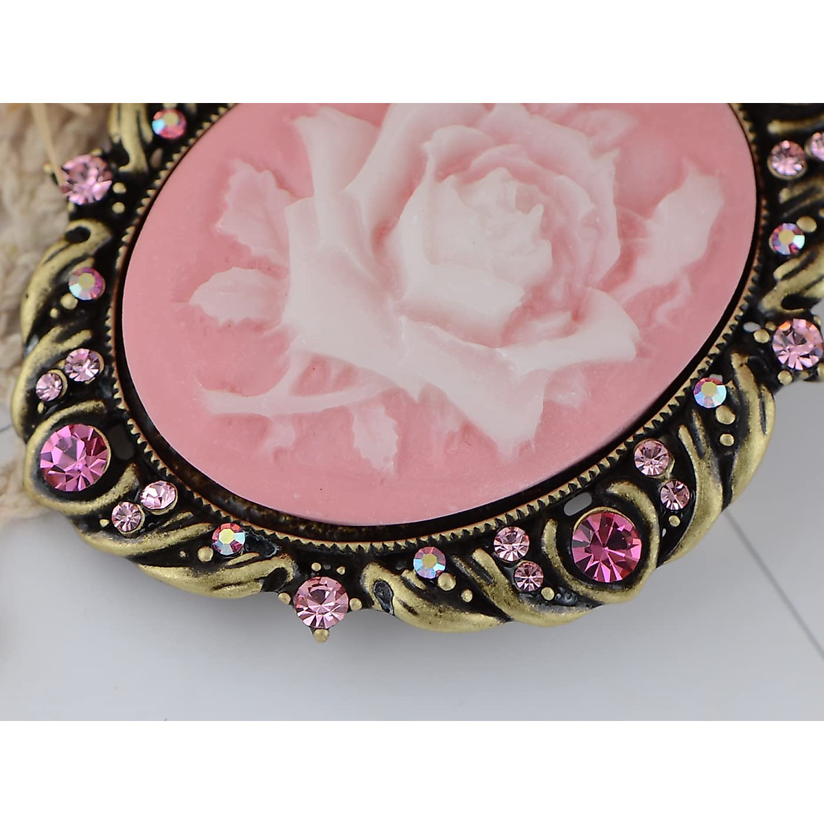 Alilang Vintage Inspired Antique Reproduct Rose Pink Crystal Flower Cameo Pin Brooch, Rose Pink