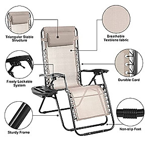 HHS Zero Gravity Chairs Beach Lounge Chairs for Outside Lawn Reclining Patio Camping Chair Adjustable Comfortable Outdoor Folding Chair with Cup Holder and Headrest, Tan, 37 x 26 x 43 inches