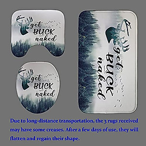 Camille&Andrew 4PCS Deer Antler Shower Curtain Set with Rugs, Green Pine Tree Misty Forest Nature Scenery Funny Quote Bird Elk Moose Wildlife Animal Hunting Rustic Cabin Bathroom Decor, Get Buck Naked