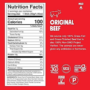 Chomps Grass-Fed and Finished Original Beef Jerky Snack Sticks 10-Pack - Keto, Paleo, Whole30, 10g Lean Meat Protein, Gluten-Free, Zero Sugar Food, Non-GMO